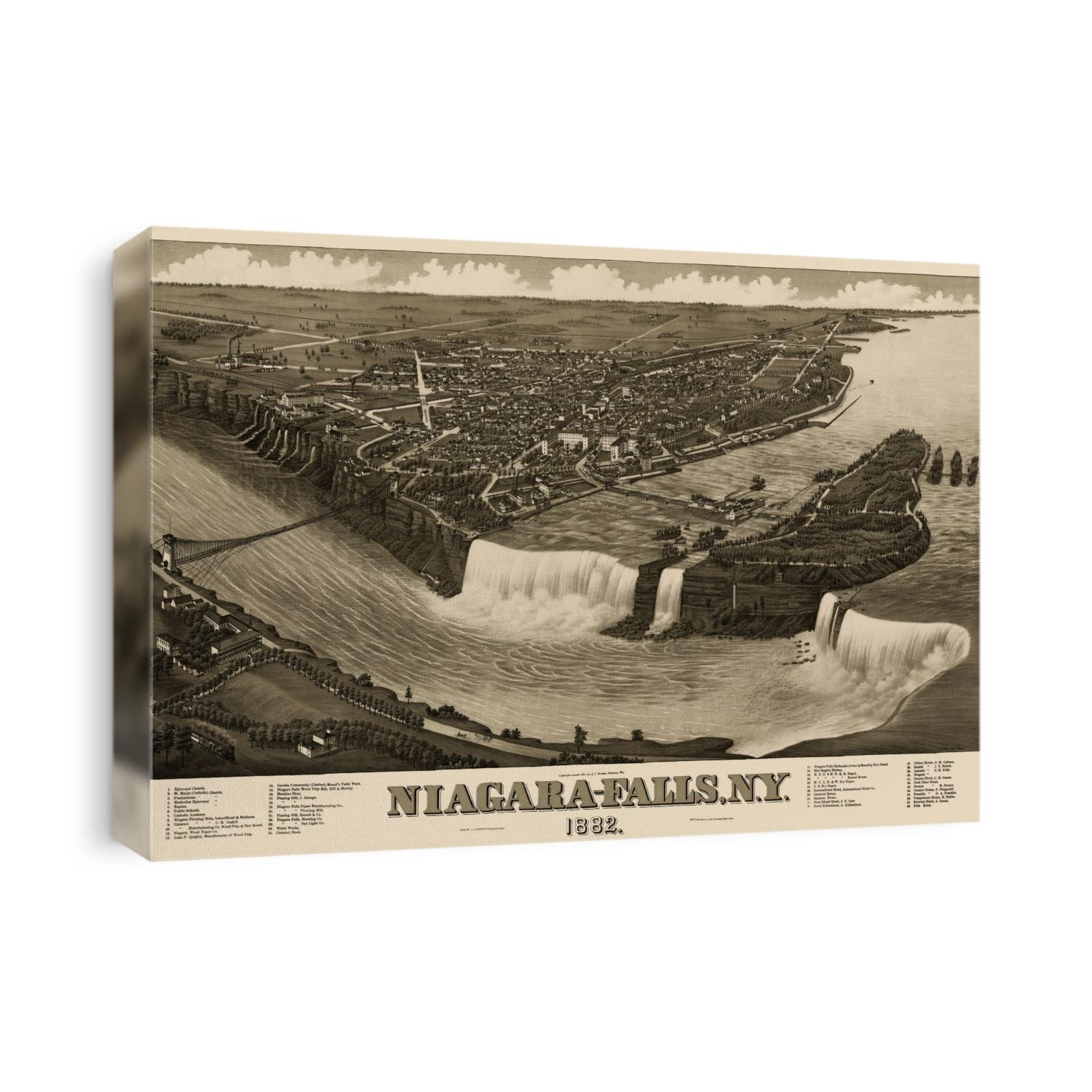 Old Bird's Eye View Map of Niagara Falls, New York, 1882 Canvas Print ...