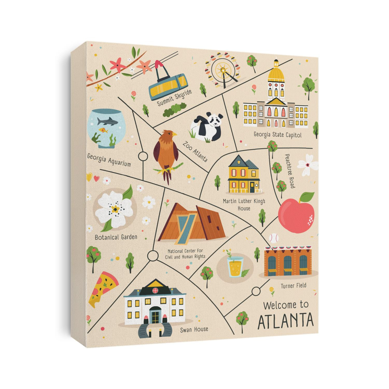 Illustrated Map Of Atlanta With Traditional Buildings And Symbols ...